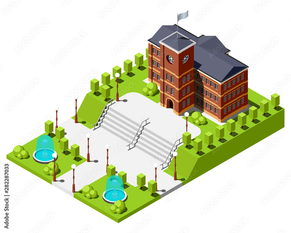 Historical university or school building surrounded by a garden with ...