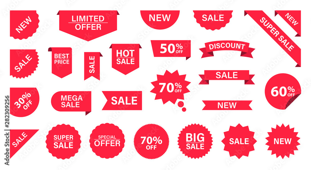 Sale Label collection set. Sale tags. Discount red ribbons, banners and ...