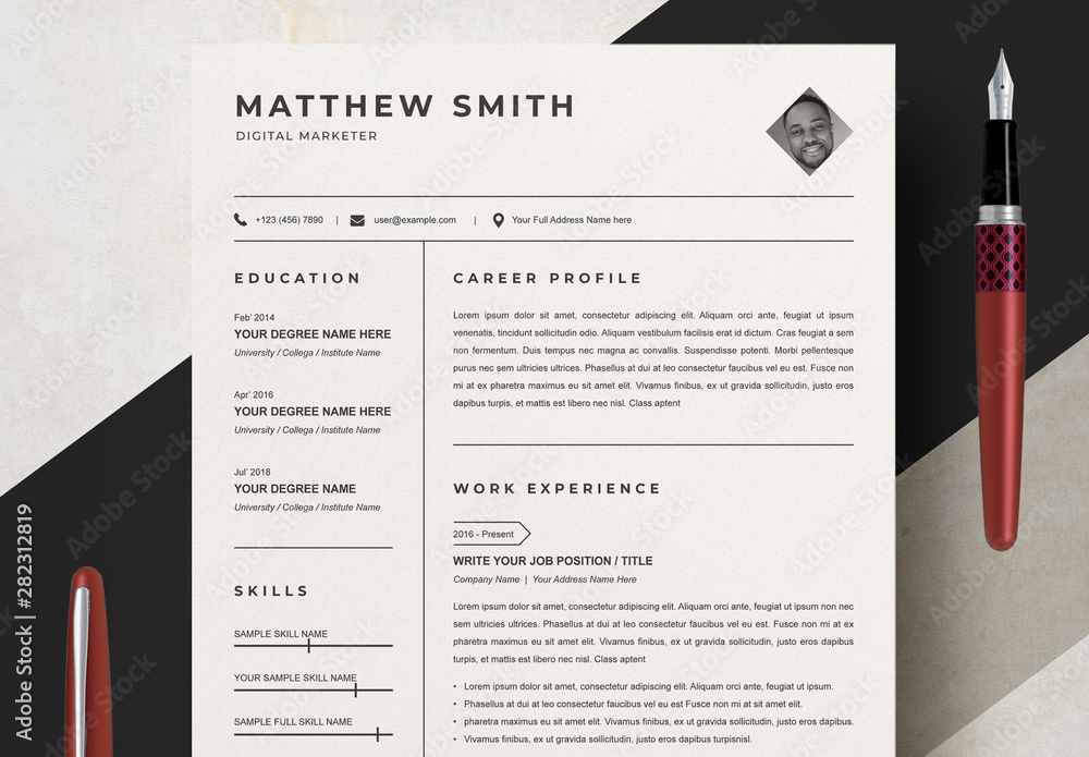 Clean Resume Layout Set with Diamond Photo Mask Stock Template | Adobe ...