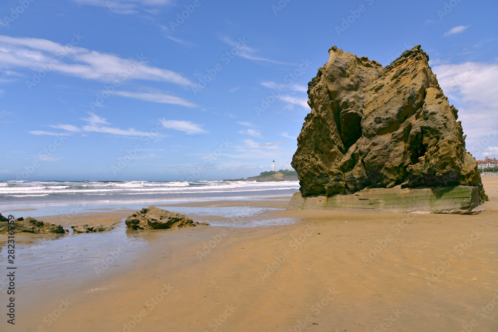 Beach with the big rock in the sea at Biarritz, a city on the Atlantic ...