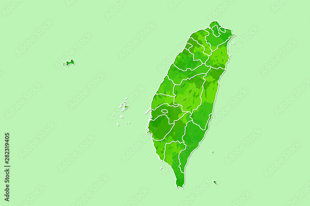 Taiwan watercolor map vector illustration of green color with border ...