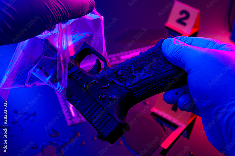 Forensic science, murder weapon and criminal investigation concept ...