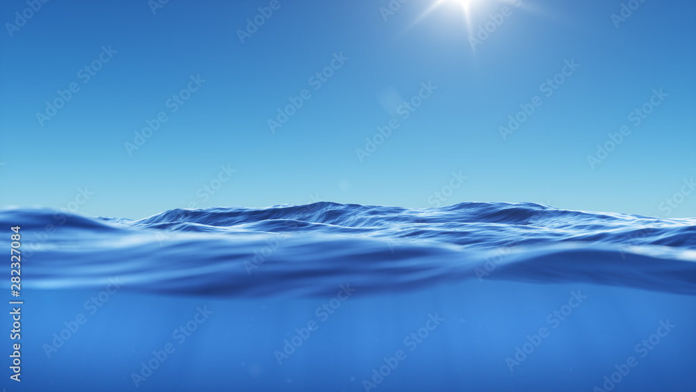 Ocean or sea in half water half sky. Rays of sunlight shining from ...