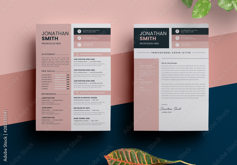 Resume Layout with Sidebar and Pink Elements Stock Template | Adobe Stock