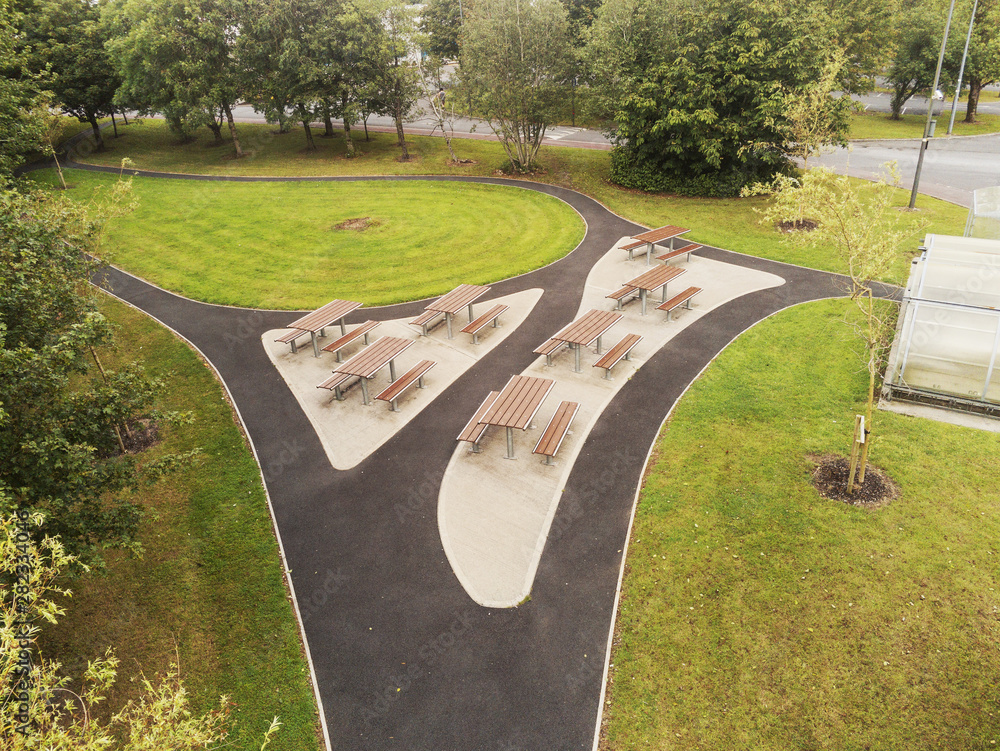 Aerial view, Small picnic area in a park, Metal and plastic materials ...