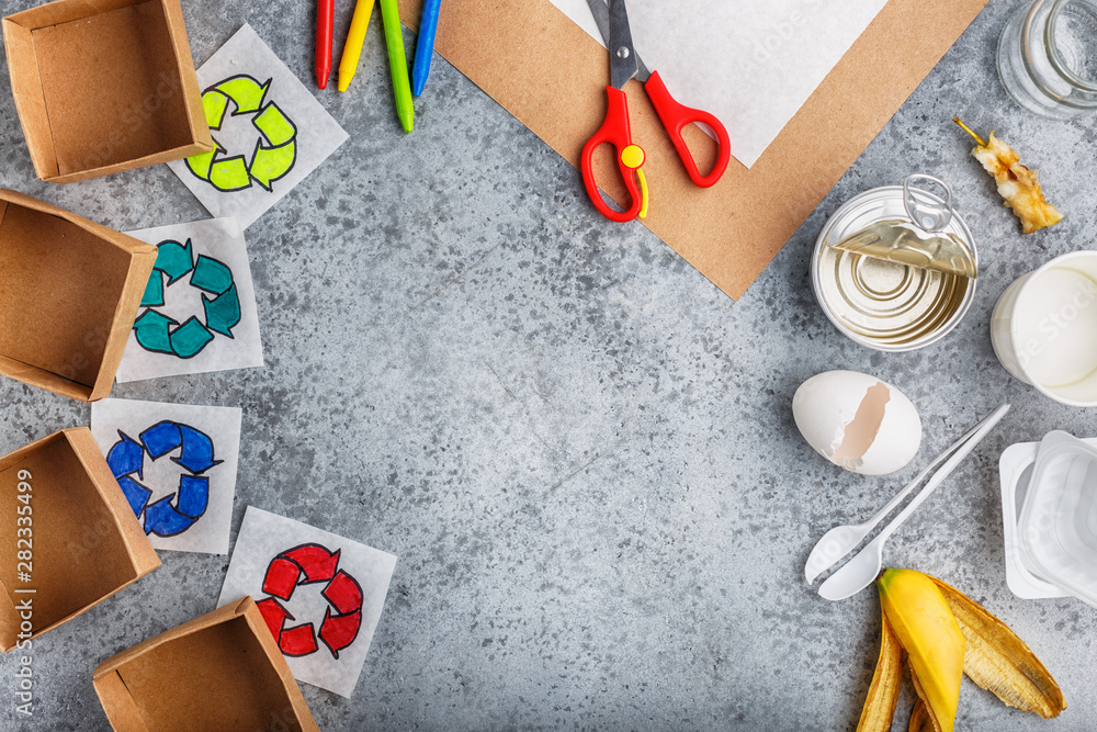 Recycling game for kids with containers for plastic paper compost and ...