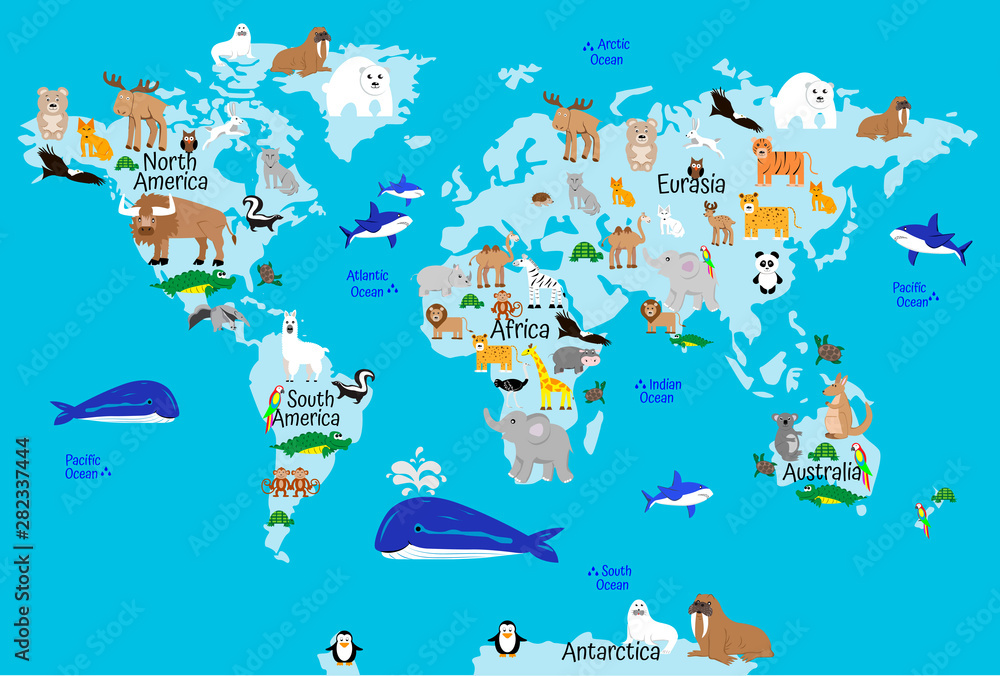 Animal map for kid. World vector poster for children, cute illustrated ...