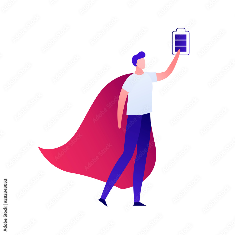 Vector modern flat superman person battery charge illustration. Color ...