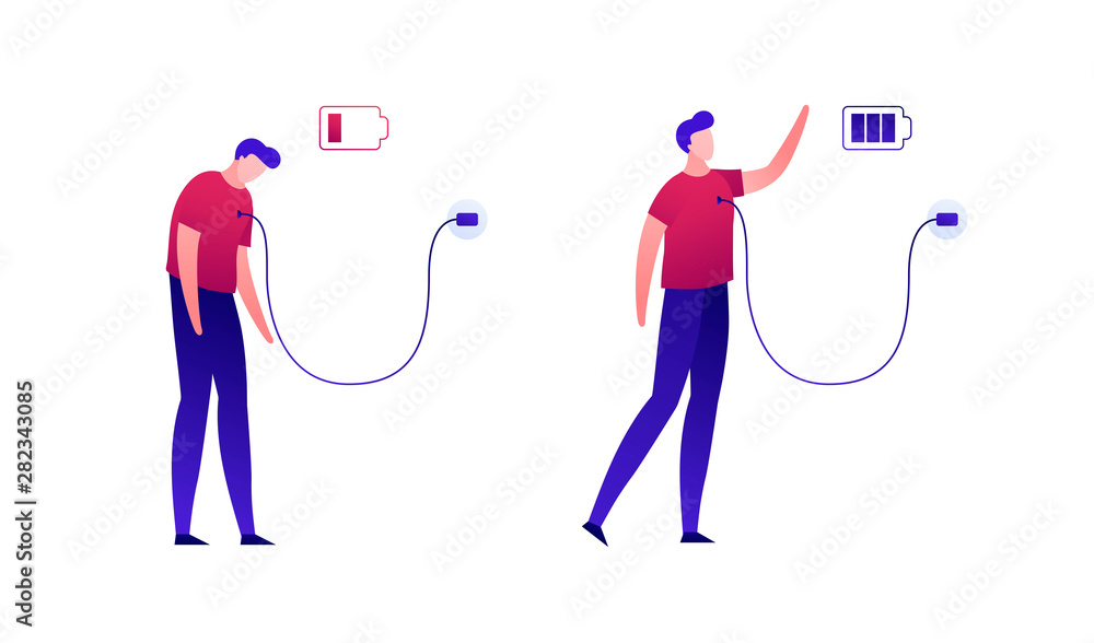 Vector modern flat person battery charging illustration. Color set of ...