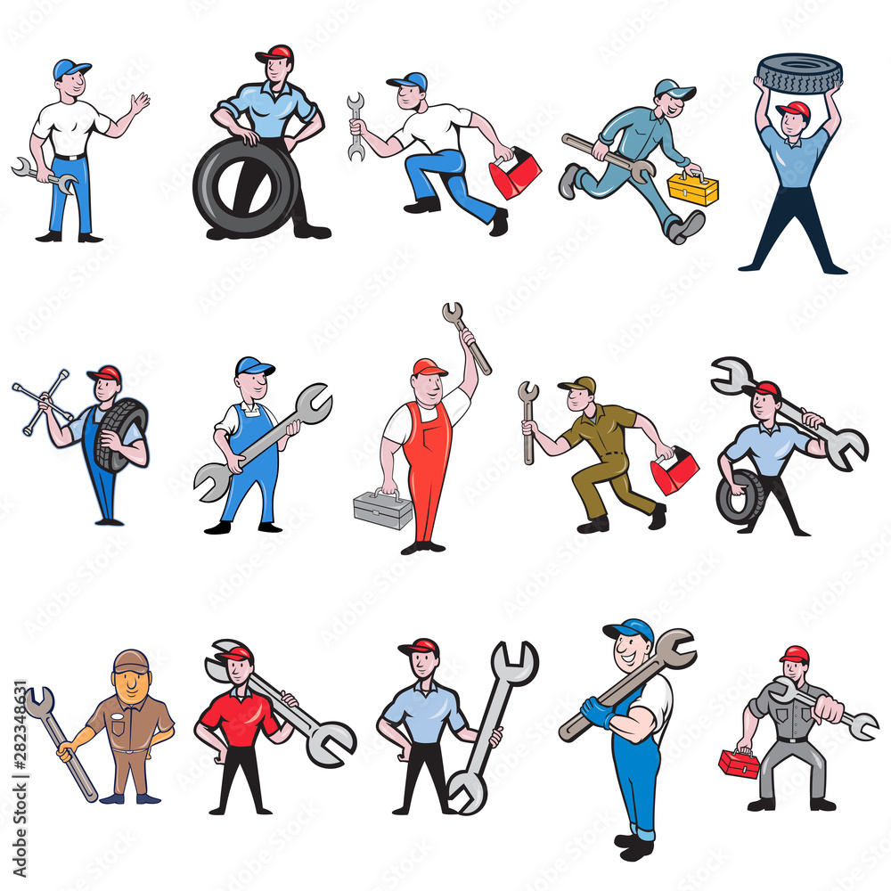 Set or Collection of cartoon character style illustration of mechanic ...