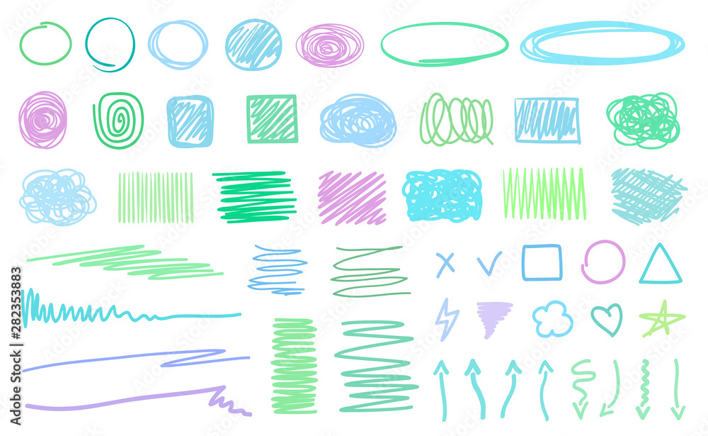 Multicolored hatching shapes with array of lines on white. Wavy ...