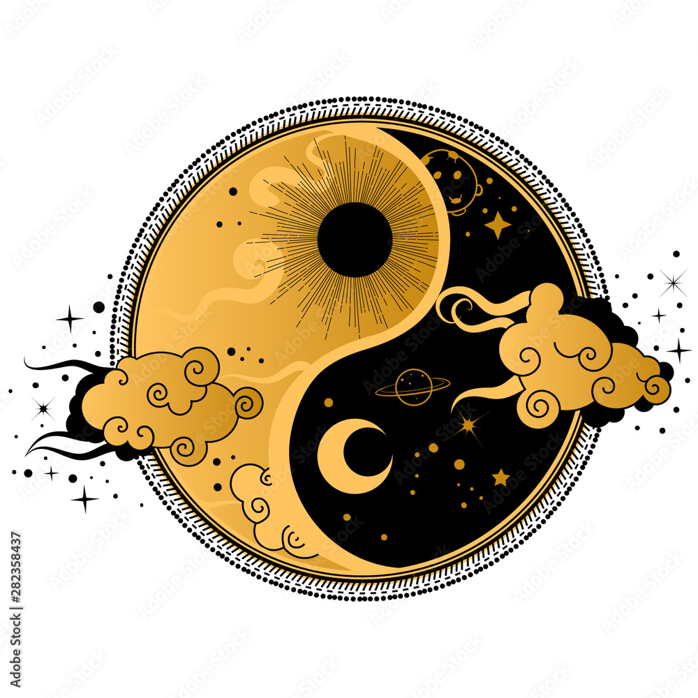 Yin yang tattoo art style. Bohemian logo, badge, sign with sun,moon and ...