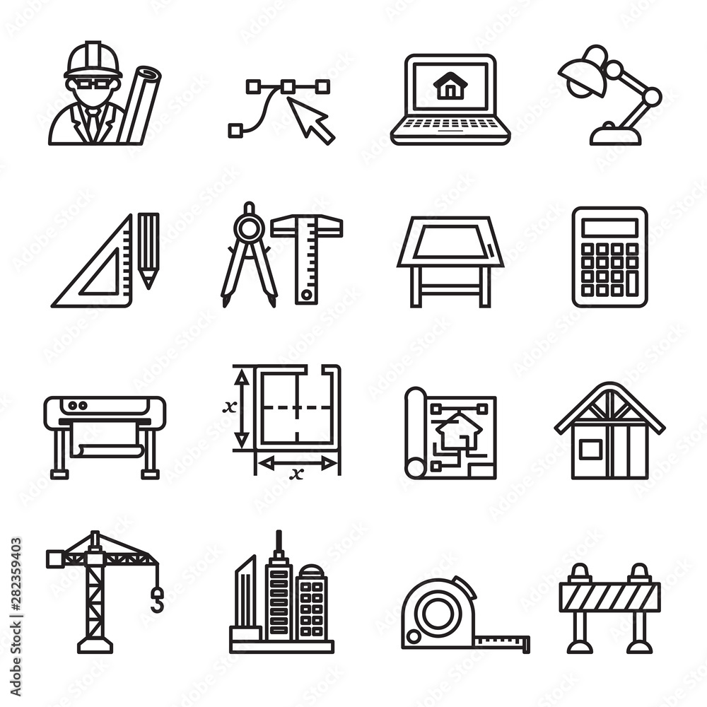 Architecture & Construction icons set with white background. Thin line ...