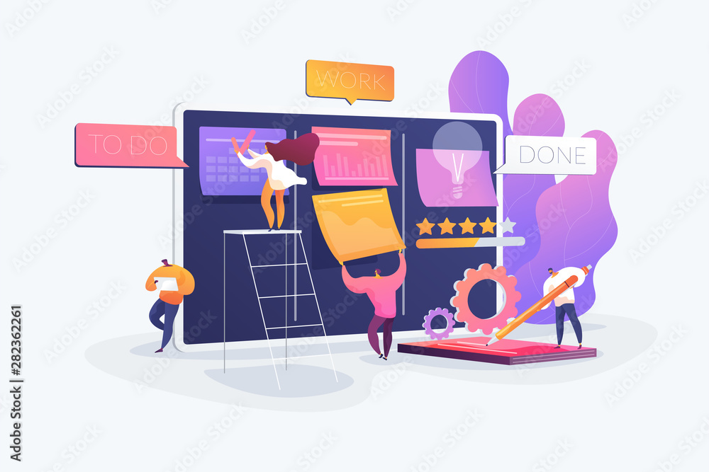 Vetor de Workflow organization. Office work and time management. Kanban board, teamwork ...