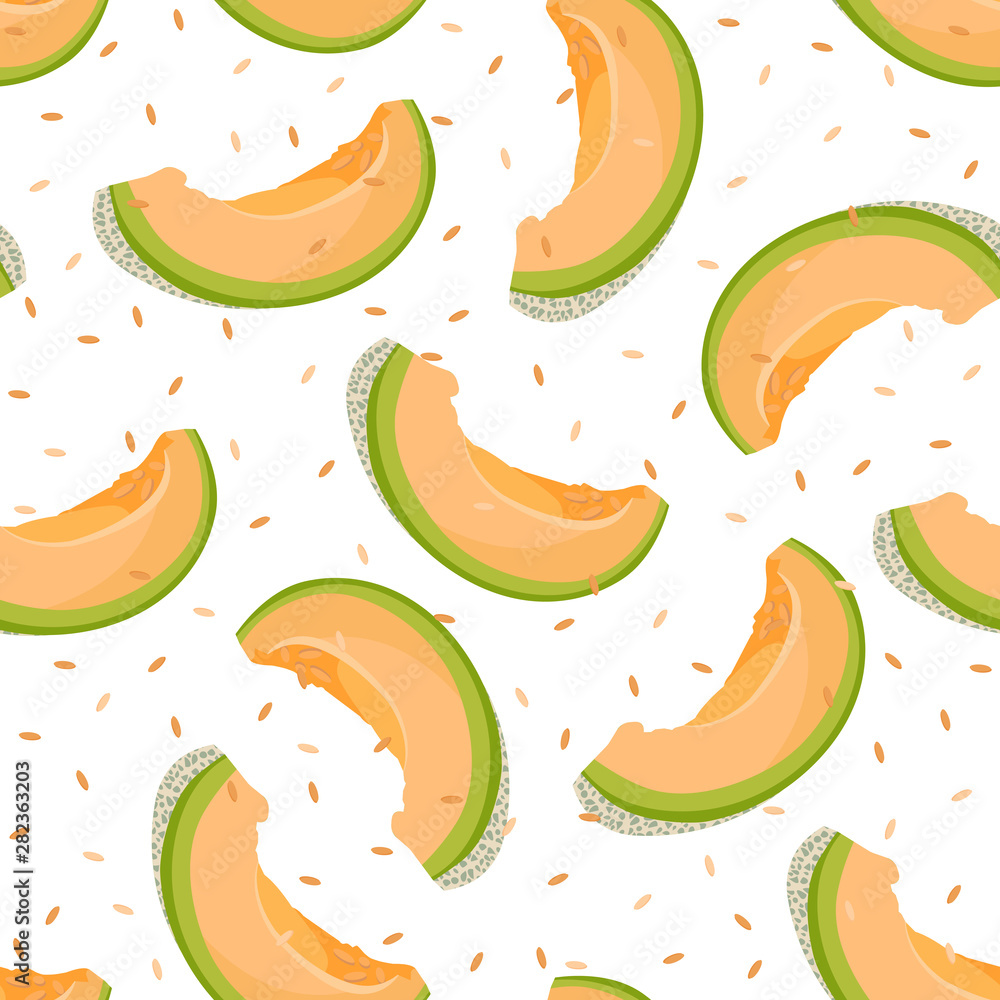 Melon slice seamless pattern on white background with seed, Fresh ...