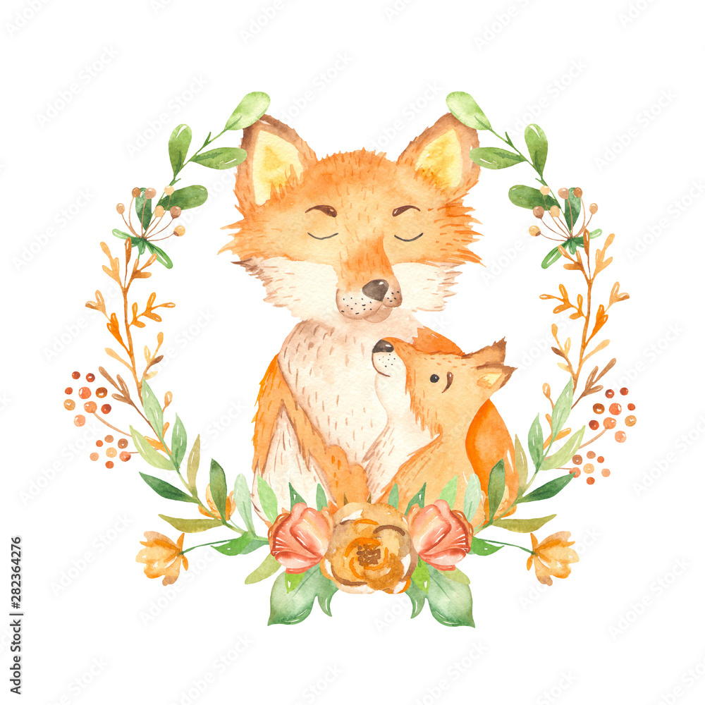 Watercolor cute fox mother and baby in a floral wreath. Composition for ...