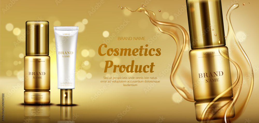 Cosmetics beauty product bottle mockup banner on gold background with ...