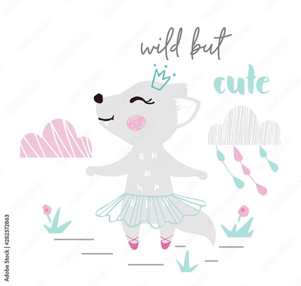 Wolf baby girl cute print. Sweet she-wolf ballerina dance with ballet ...