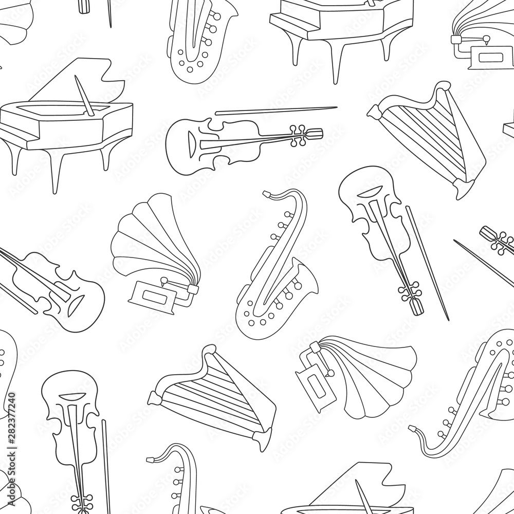 Hand Drawn Musical Instruments Seamless Pattern, Classical Orchestra ...