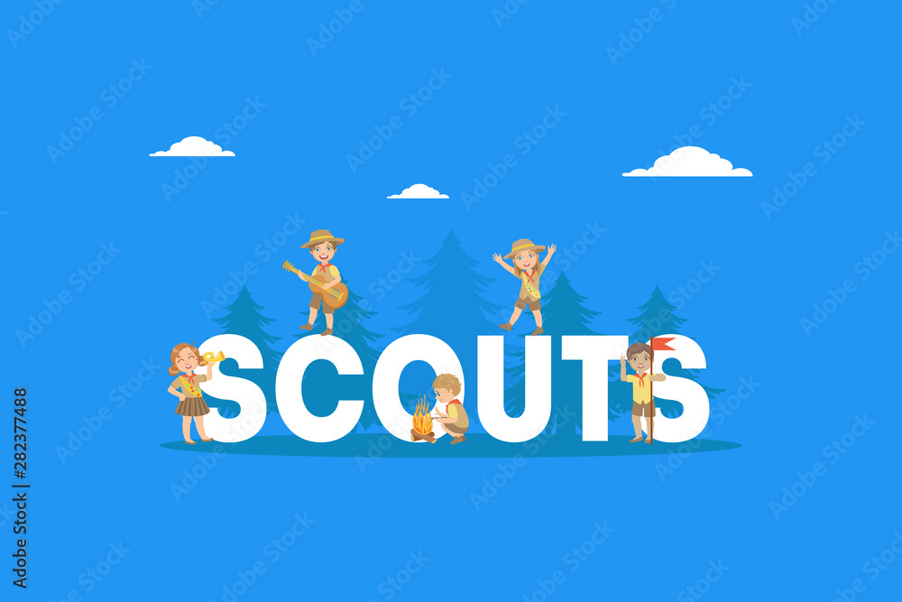 Scouts Word with Giant Letters Banner Template, Kids Scouts in Uniform ...