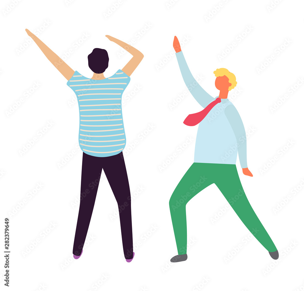 Dancing men isolated on white, back and front view. Vector Guys in ...