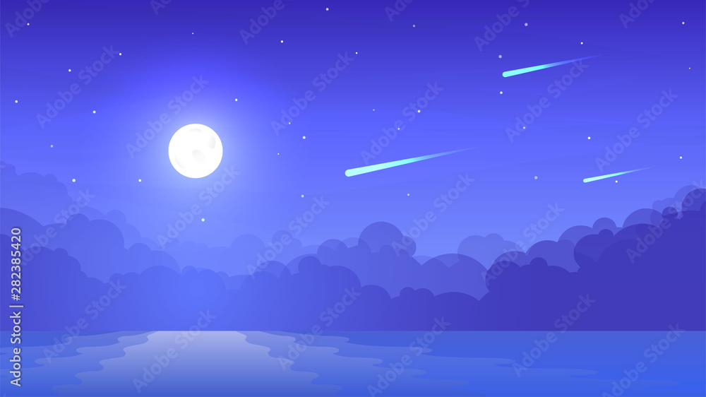 Vector minimalistic landscape in flat graphic style. Night cloudless ...