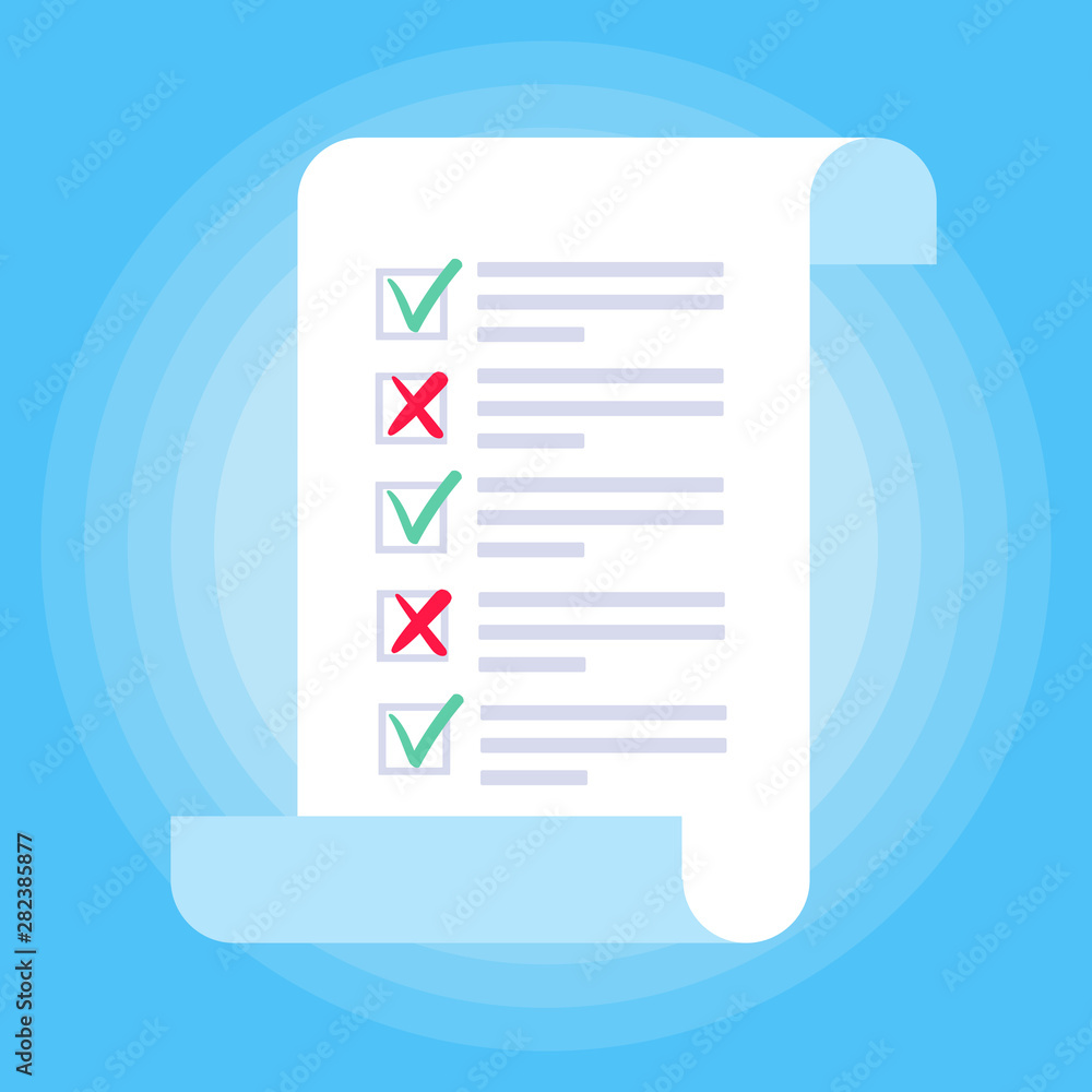 Paper sheet with check list with check marks ticks v and crosses x to ...