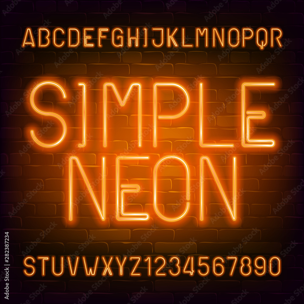 Simple Neon alphabet font. Orange light bulb letters and numbers on ...