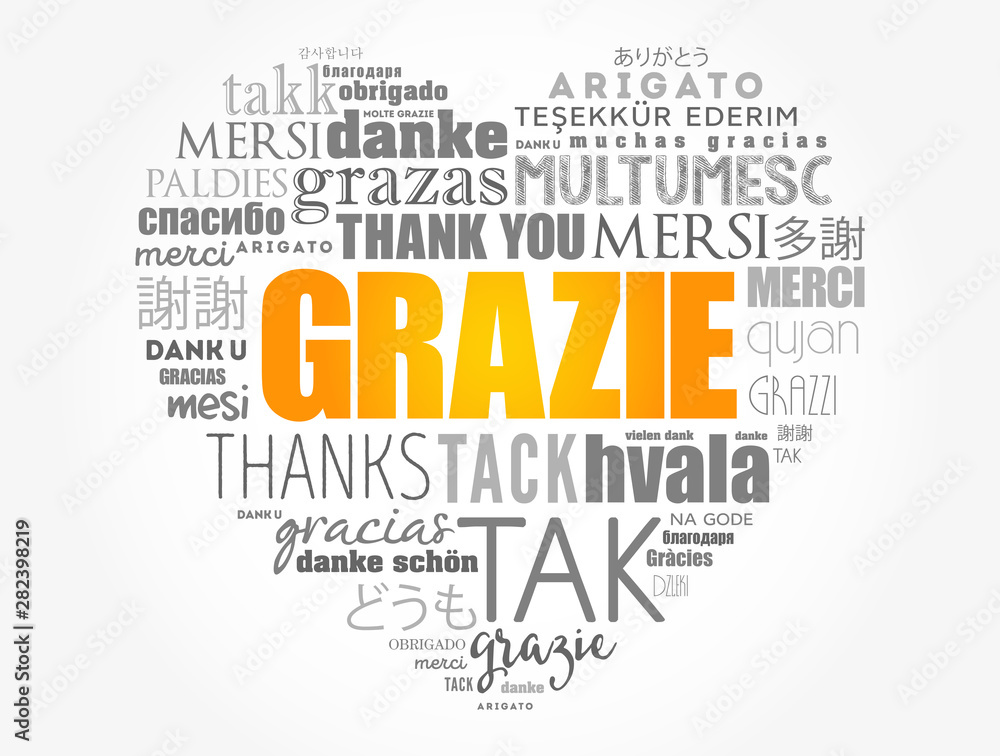 Grazie (Thank You in Italian) love heart word cloud background in ...