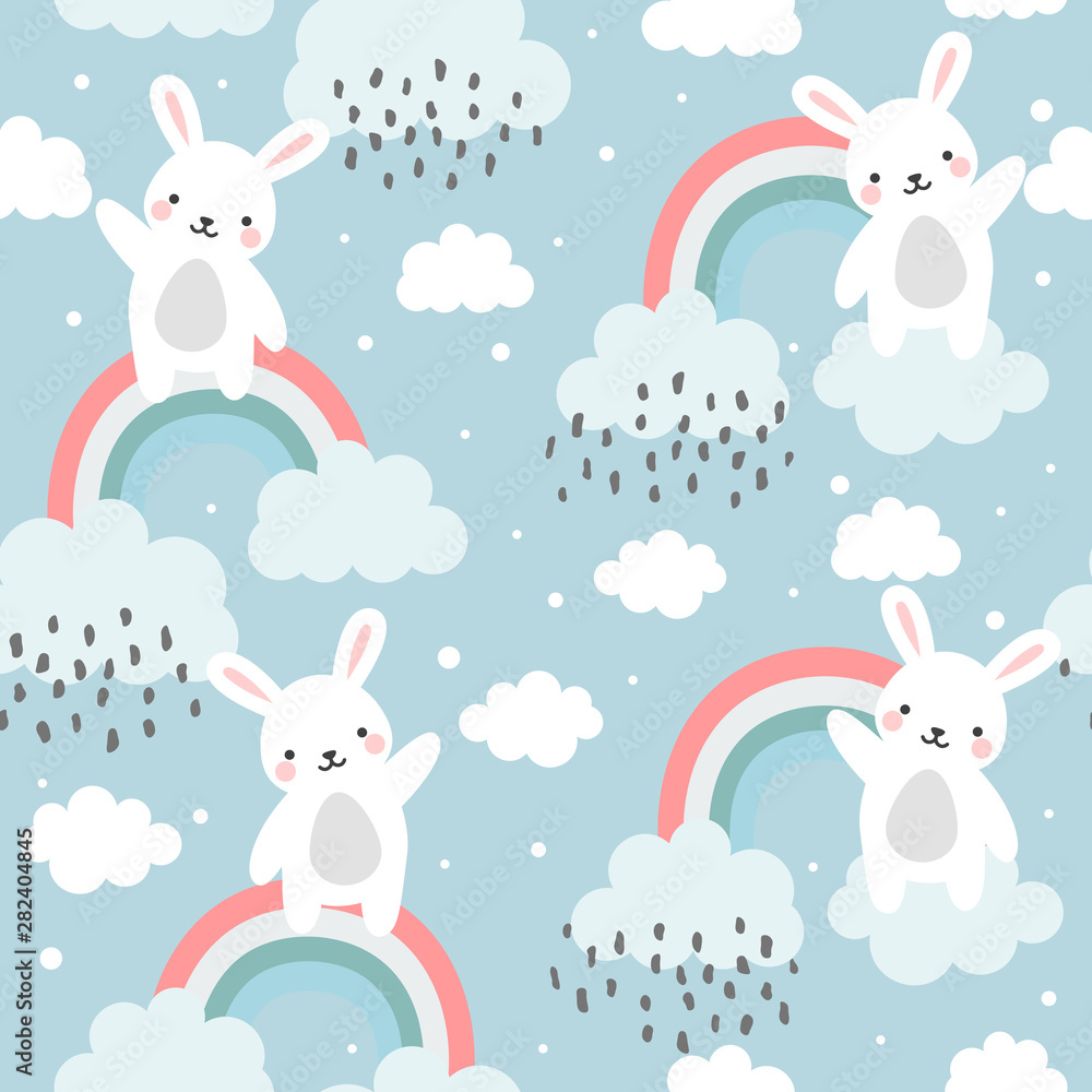 Rabbit Seamless Pattern Background, Happy cute bunny flying in the sky ...