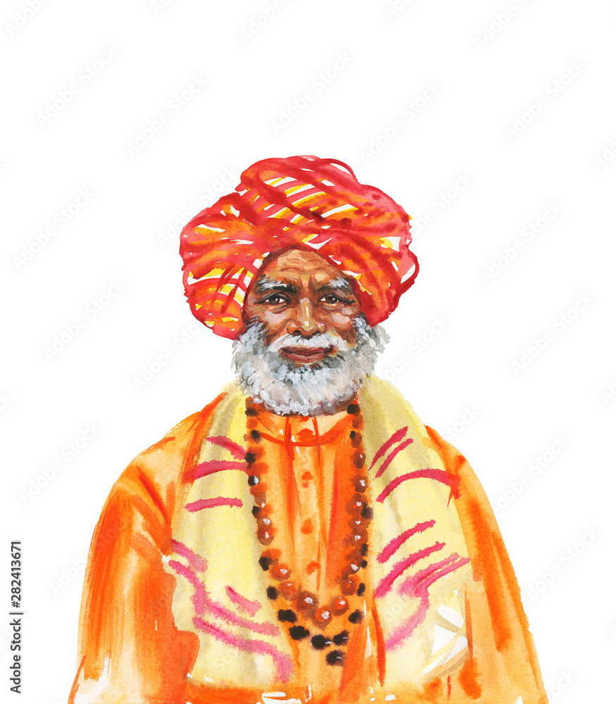 Hand drawn indian man in traditional clothing. Watercolor portrait of ...