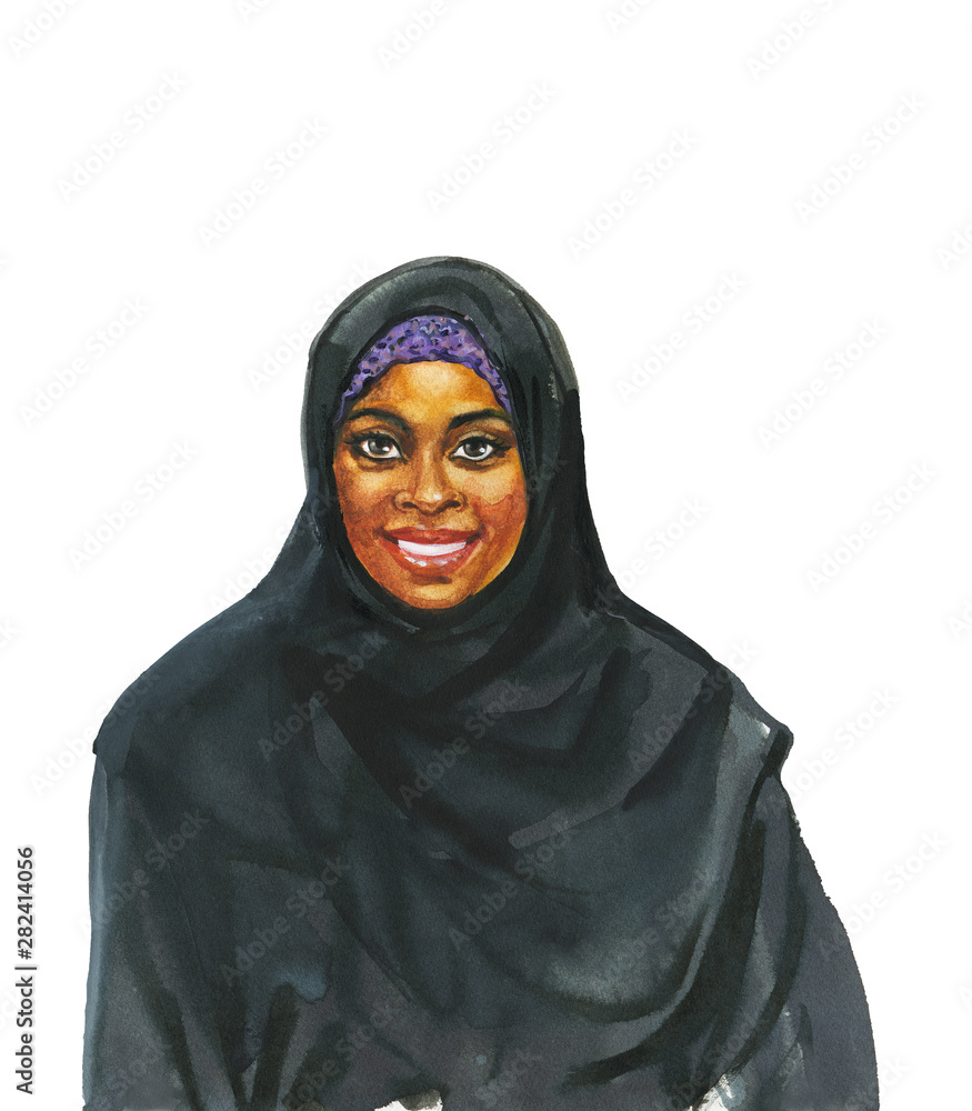Hand drawn african muslim woman. Watercolor realistic portrait of ...