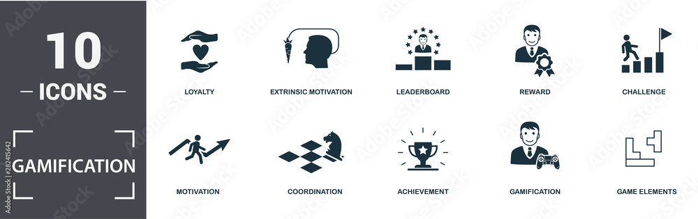 Gamification icon set. Contain filled flat challenge, game elements ...