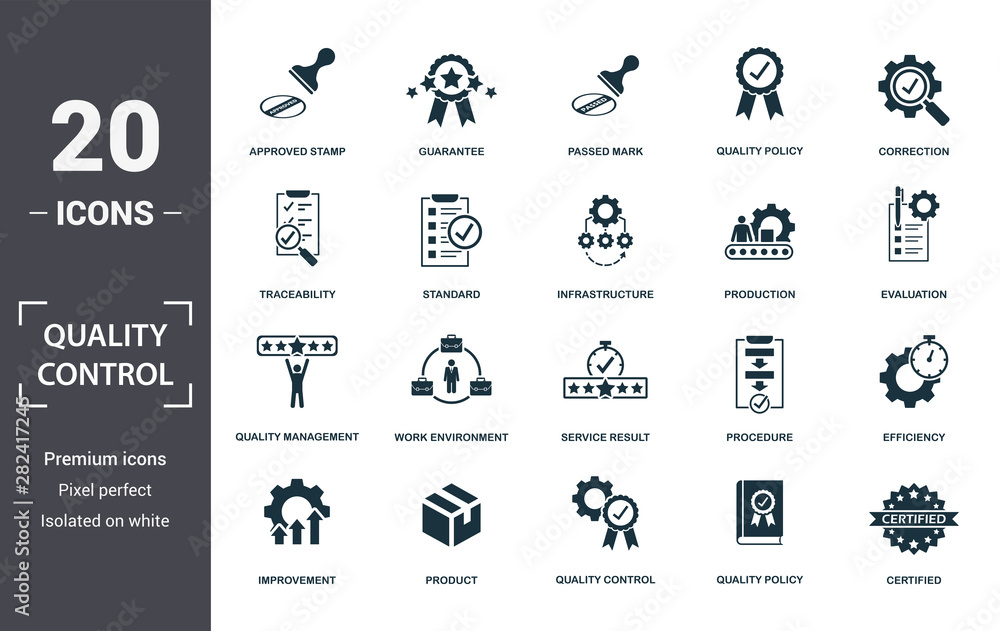 Quality Control icon set. Contain filled flat correction, efficiency ...