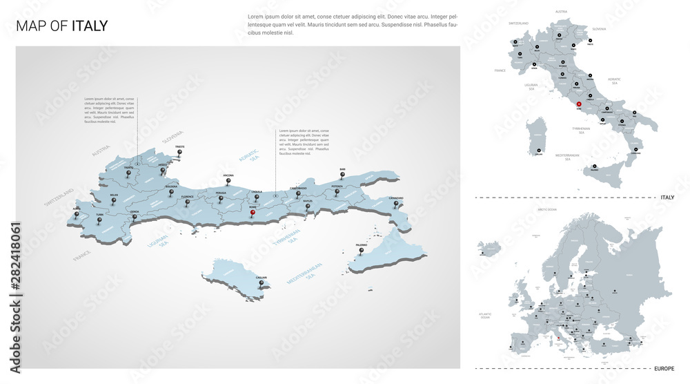 Vector set of Italy country. Isometric 3d map, Italy map, Europe map ...