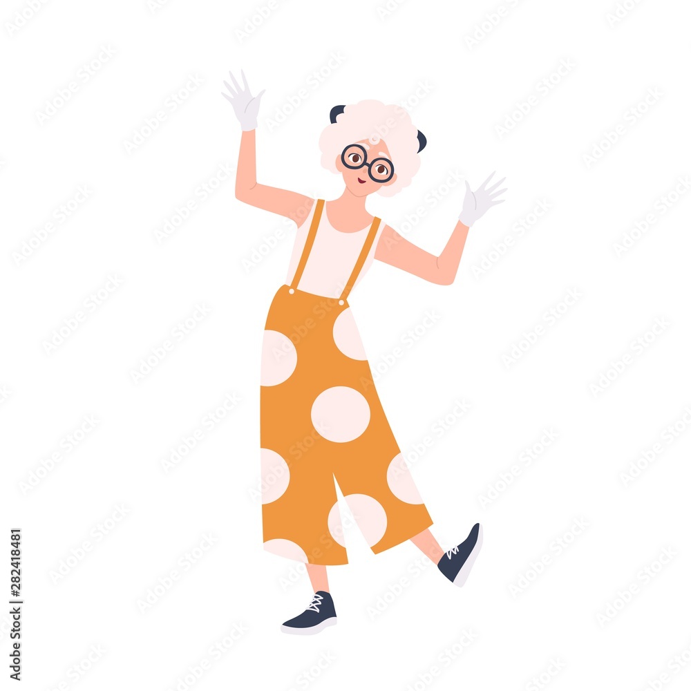 Cute happy girl in overalls entertaining public. Female mime ...