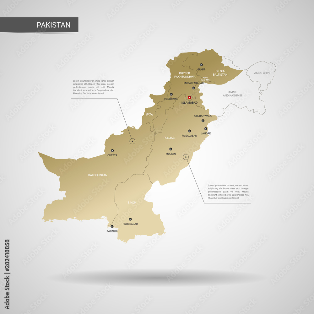 Stylized vector Pakistan map. Infographic 3d gold map illustration with ...