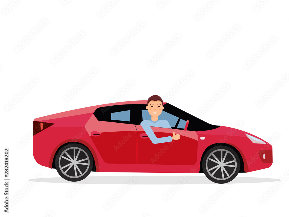 Smiling young man inside his car. Friendly driver at the wheel of car ...