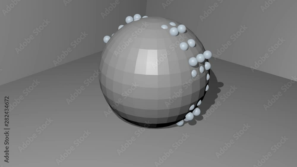 Gray sphere with moving pearl particles in gray room, abstract movie ...