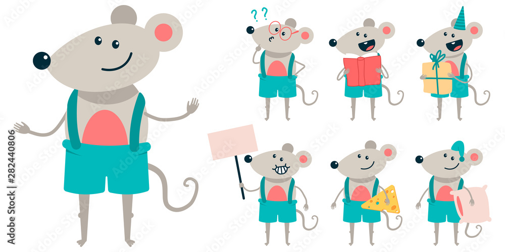 Cute mouse vector cartoon characters set isolated on a white background ...