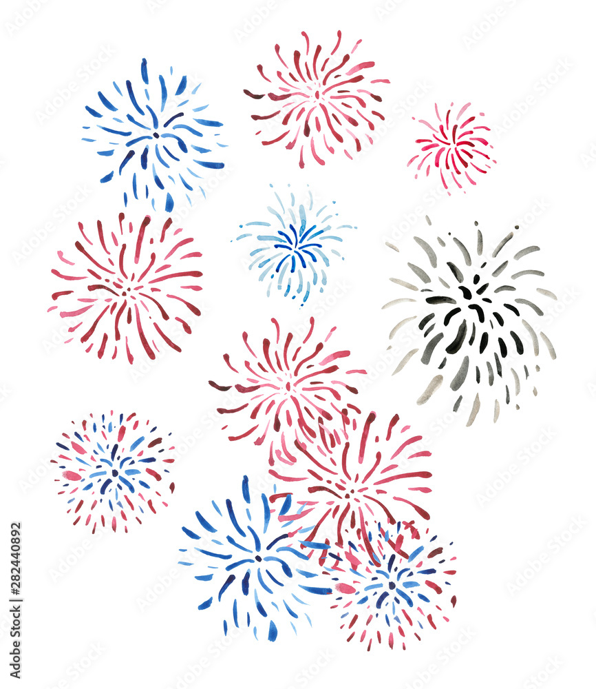 Watercolor set of colorful fireworks on a white background. For bright ...
