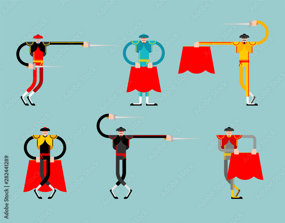 Bullfighter set. Matador cartoon. Bullfight vector illustration Stock ...