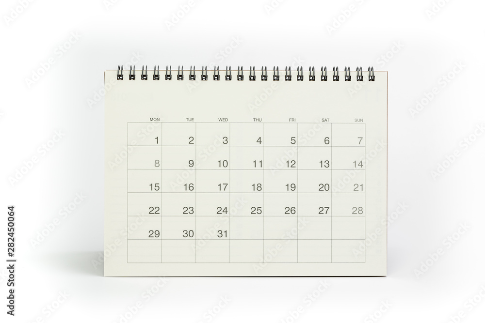 White clean desktop calendar isolated on white background with copy ...