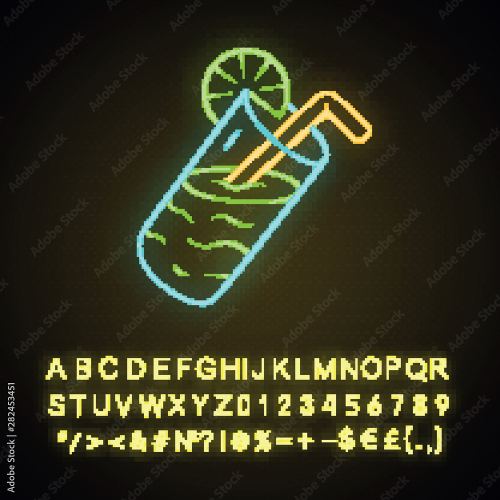 Lemonade glass with straw neon light icon. Summer refreshment drink ...