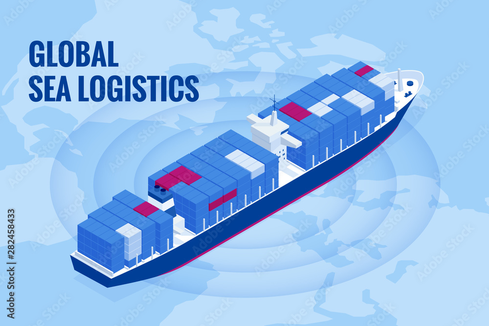 Isometric Maritime transport logistics concept. Ship cargo delivery or ...