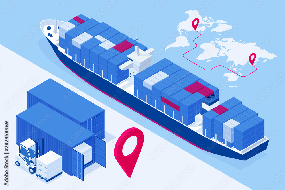 Isometric Maritime transport logistics concept. Ship cargo delivery or ...