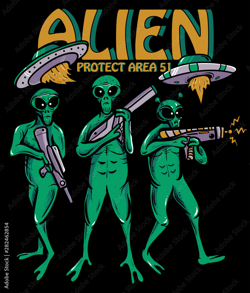 alien holding alien weapons ready for war , alien and ufo protect area ...