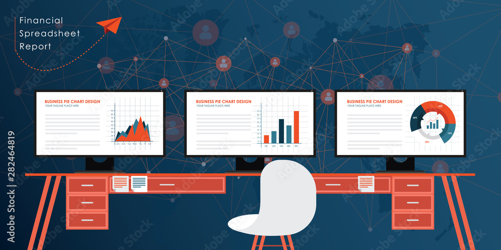 Big data analyze on computers vector illustration, flat cartoon ...