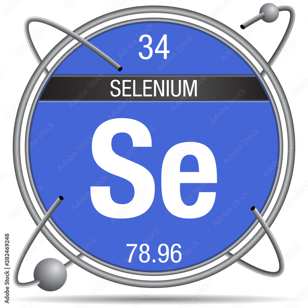 Selenium symbol inside a metal ring with colored background and spheres ...