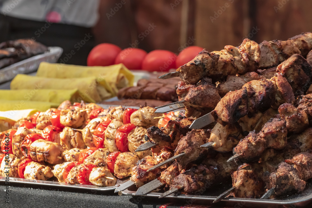 Culinary buffet with takeaway healthy food - meat, pepper, spices ...
